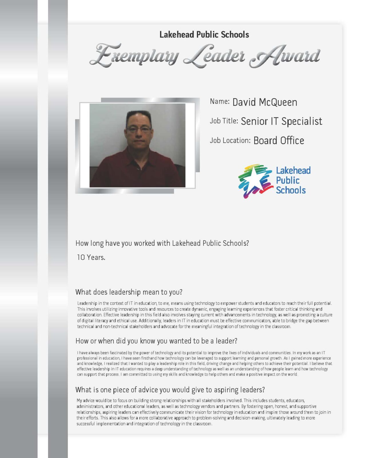 Recipient of Exemplary Leader Award: David McQueen - Lakehead District ...